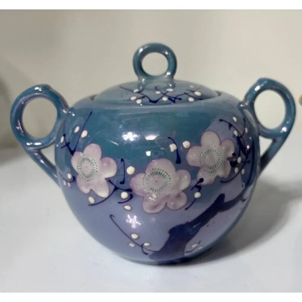 Dining | Vtg 3s Blue Ceramic Creamer Sugar Bowl Set Cherry Blossom ...
